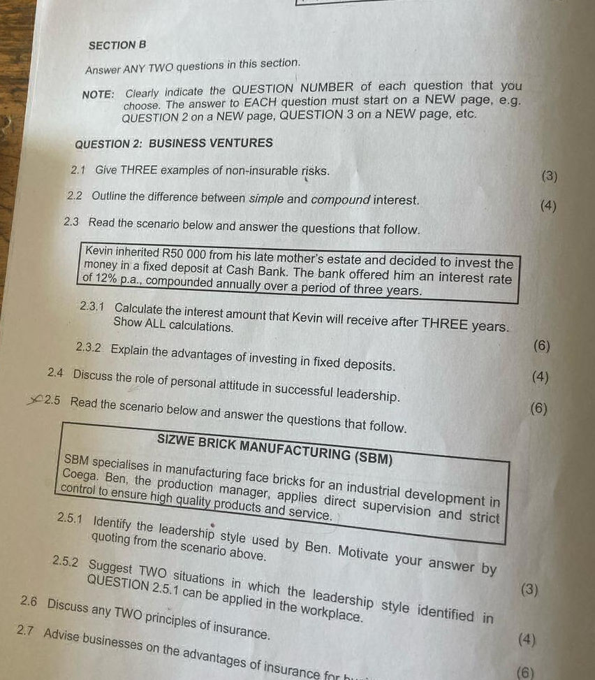 2.1 Give THREE examples of non-insurable | StudyX