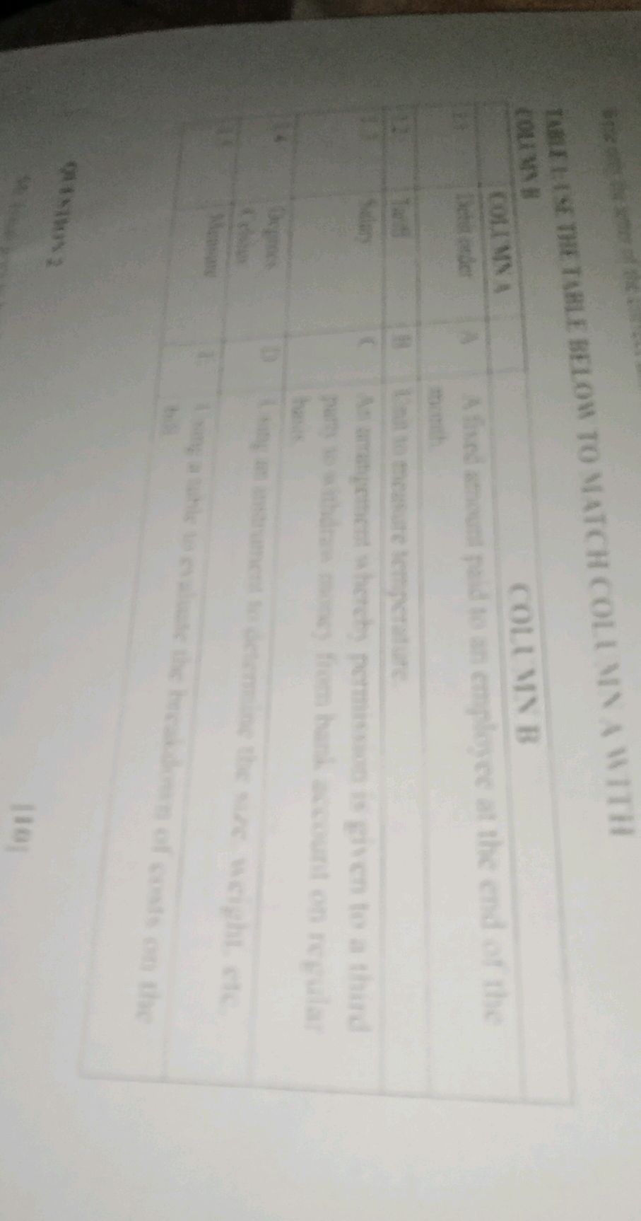 TABLE 1: USE THE TABLE BELOW TO MATCH COLUMN | StudyX