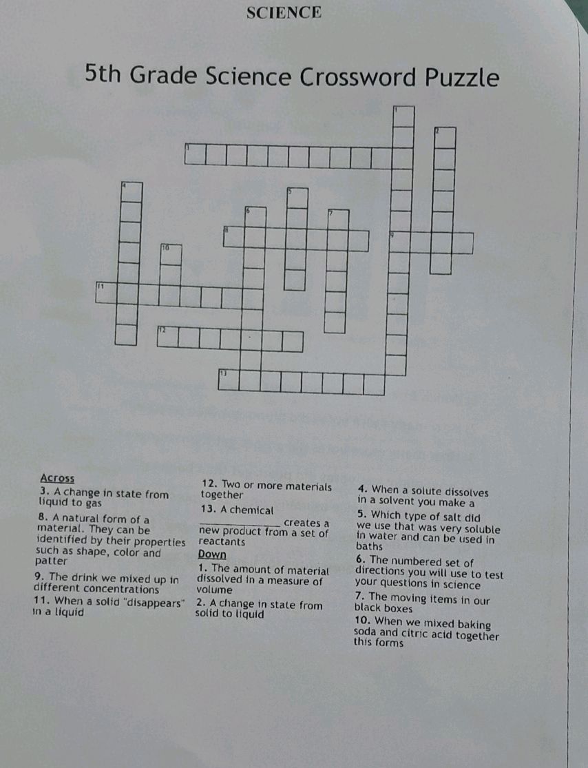 5th Grade Science Crossword Puzzle Across 3.
