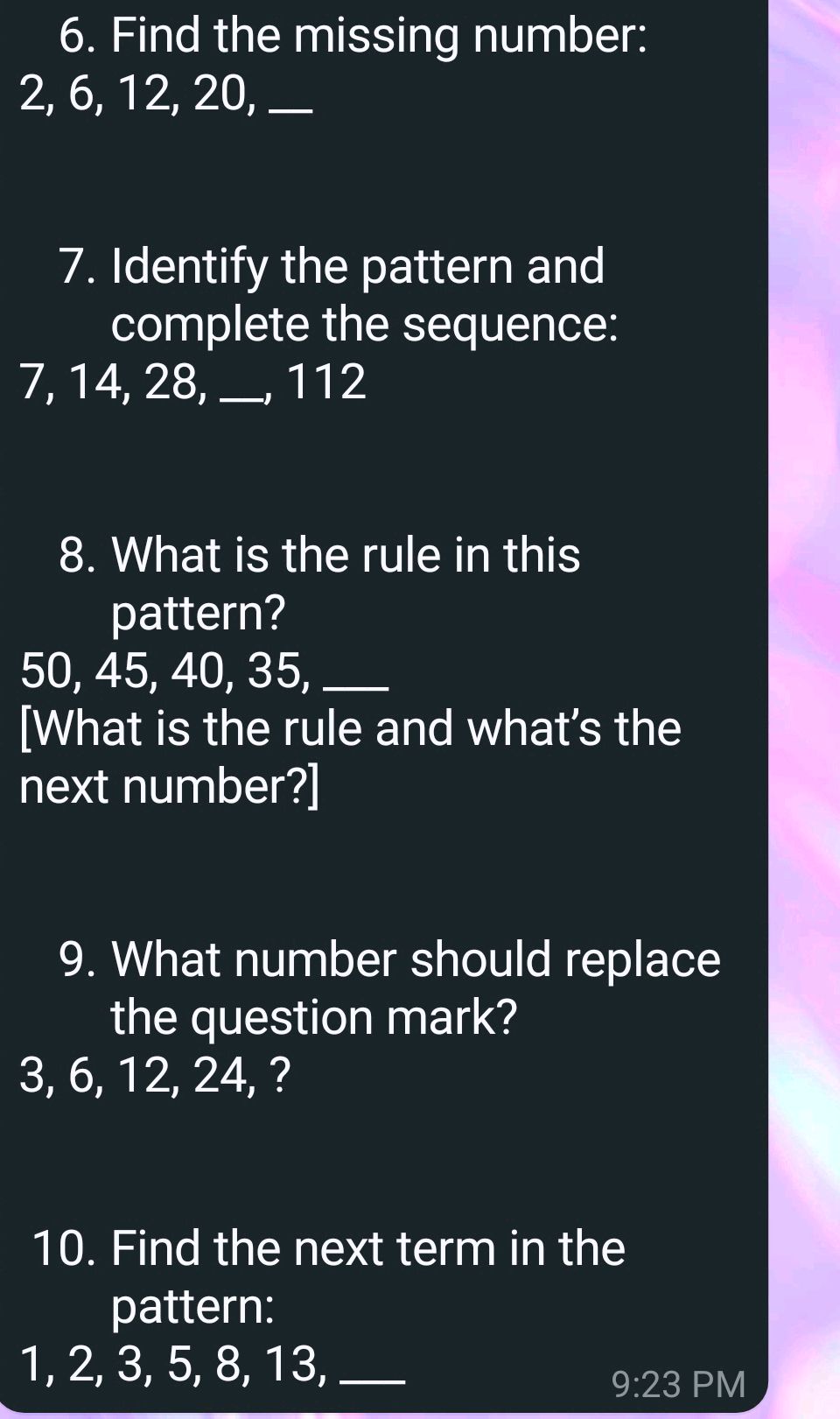 6. Find the missing number: 2, 6, 12, 20, _ | StudyX