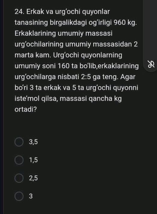 24. Erkak va urg'ochi quyonlar tanasining | StudyX