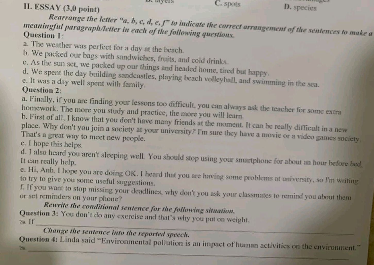 II. ESSAY (3,0 point) Rearrange the letter | StudyX