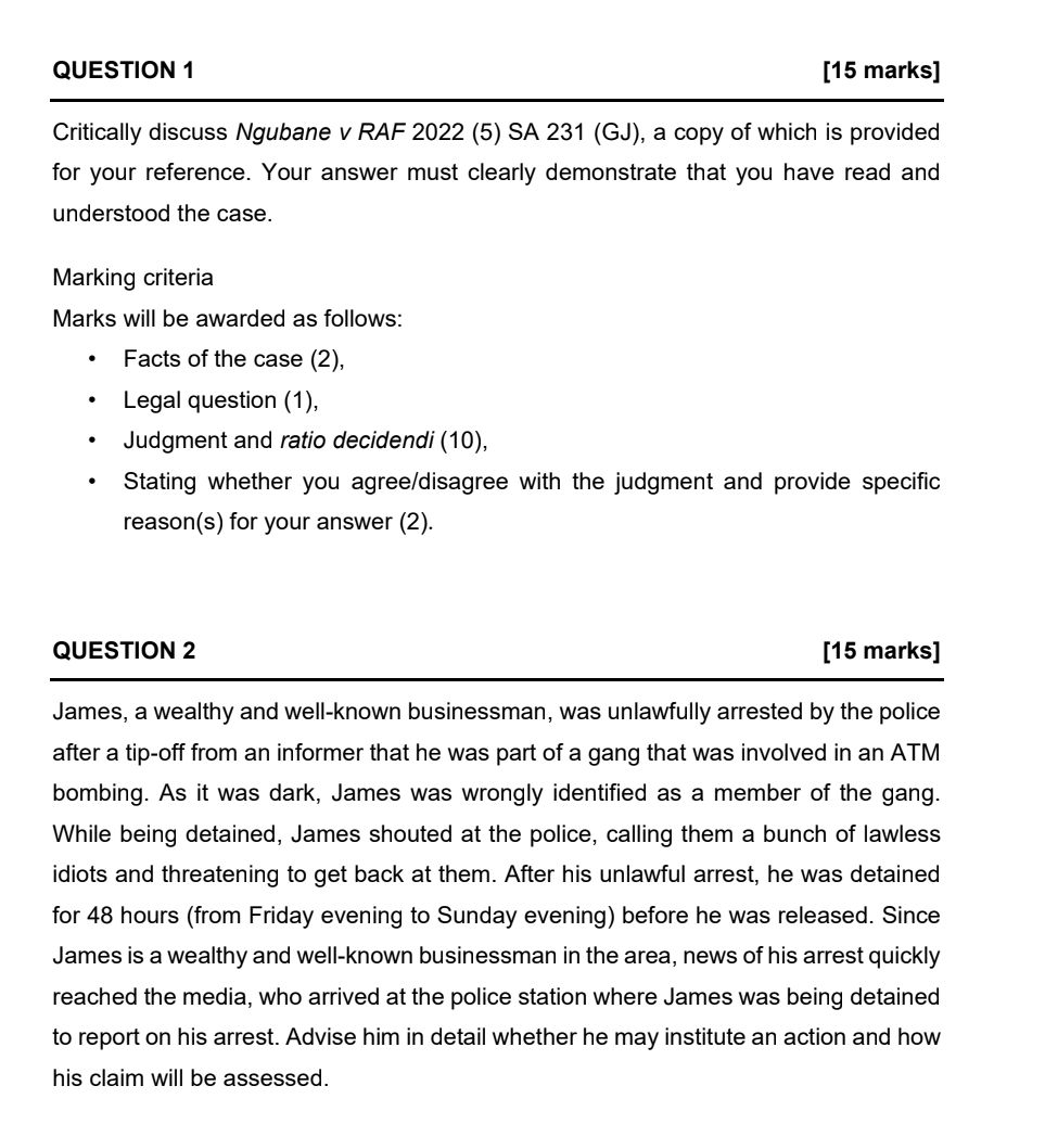 QUESTION 1 Critically discuss Ngubane v RAF | StudyX