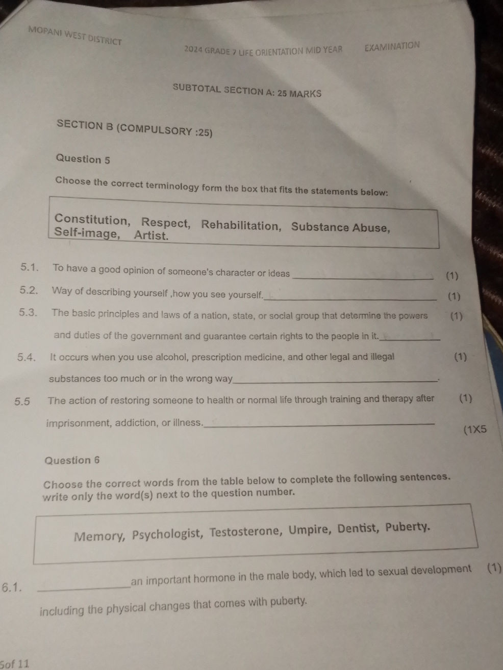 Question 5 Choose the correct terminology | StudyX