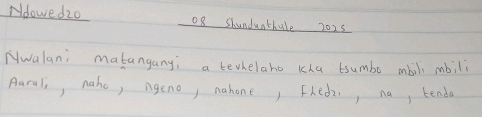 Nwalani matanganyi a tevhelaho kha tsumbo | StudyX