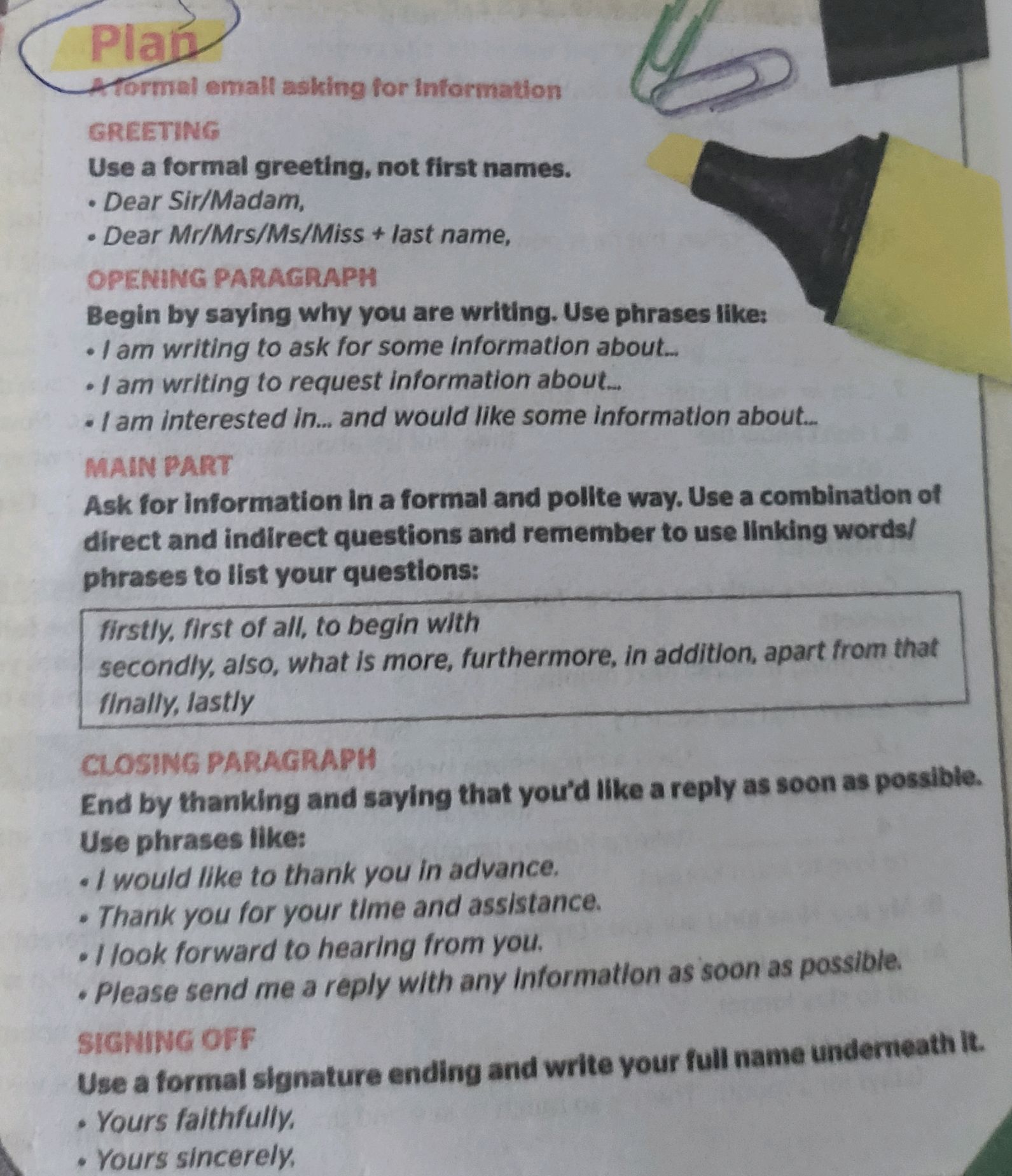 Plan A formal email asking for Information | StudyX