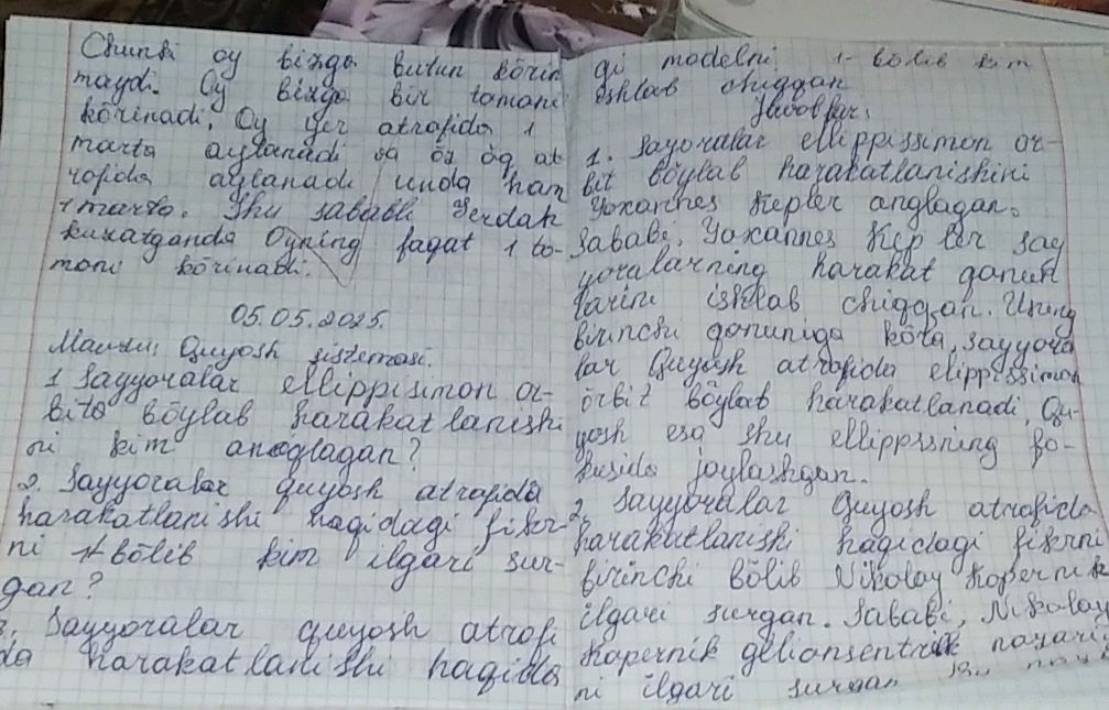 1. Sayyoralar ellippisimon orbit bo'ylab | StudyX