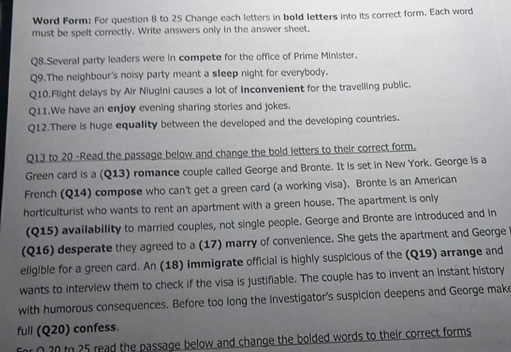 Word Form: For question 8 to 25 Change each | StudyX