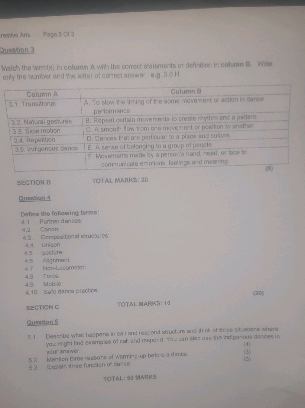 Question 3 Match the term(s) in column A | StudyX