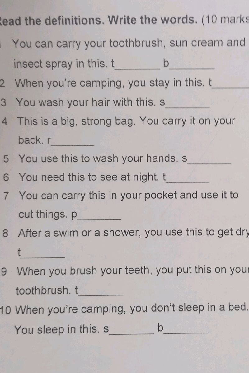 Read the definitions. Write the words. (10 | StudyX