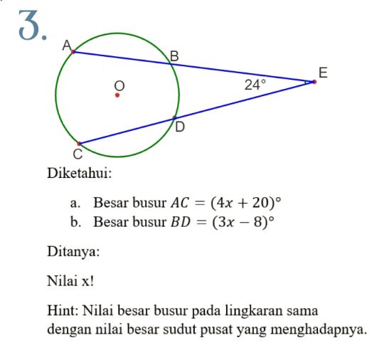 Diketahui: a. Besar busur AC = $(4x + 20)°$ | StudyX
