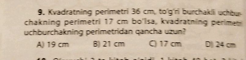 9. Kvadratning perimetri 36 cm, to'g'ri | StudyX