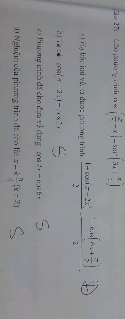 Câu 27: Cho phương trình $cos^2( { }{2} - x) | StudyX