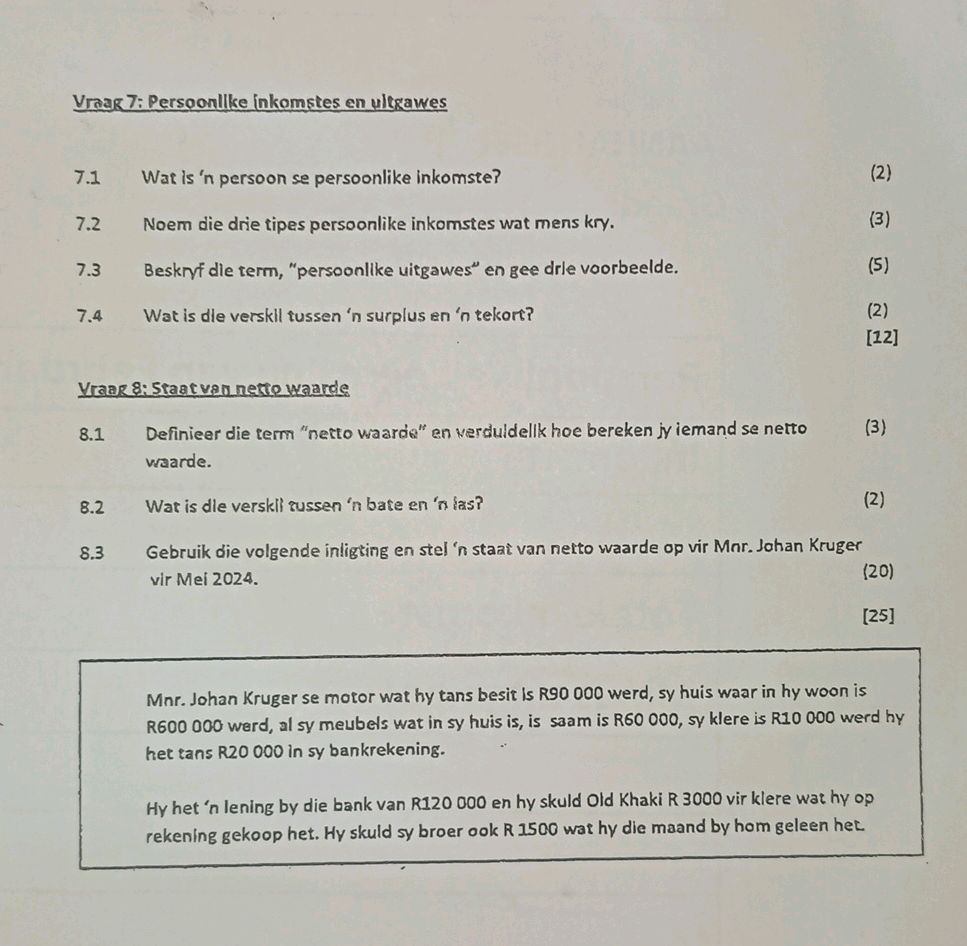 Vraag 7: Persoonlike inkomstes en uitgawes