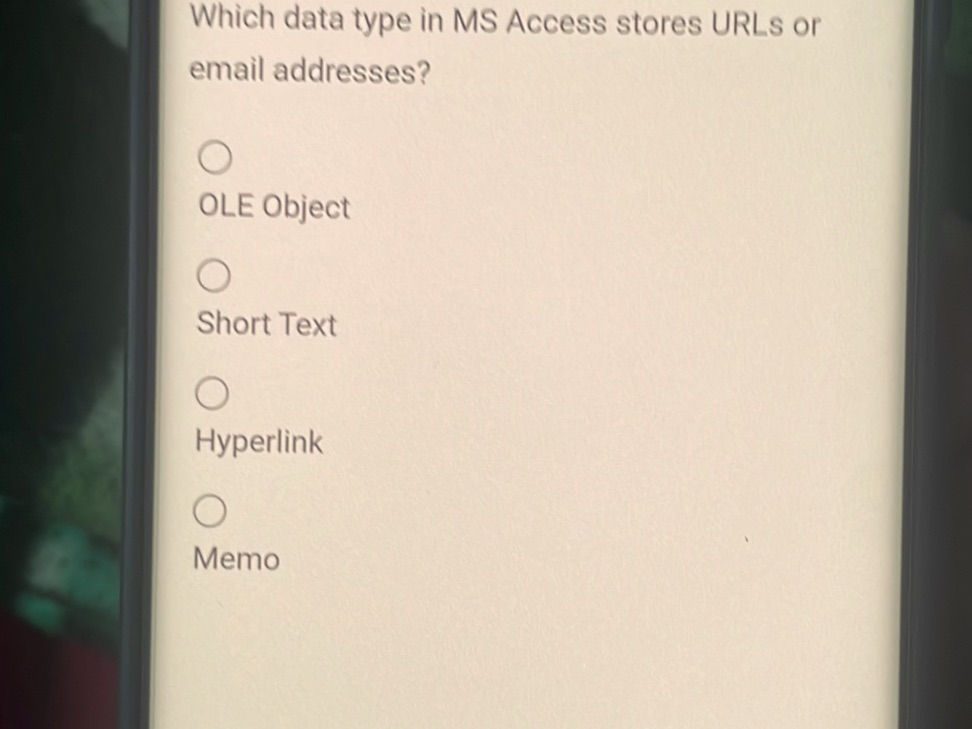 Which data type in MS Access stores URLs or | StudyX