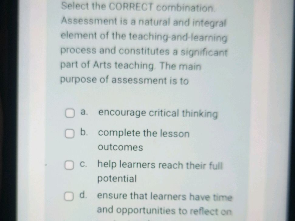 Select the CORRECT combination. Assessment | StudyX