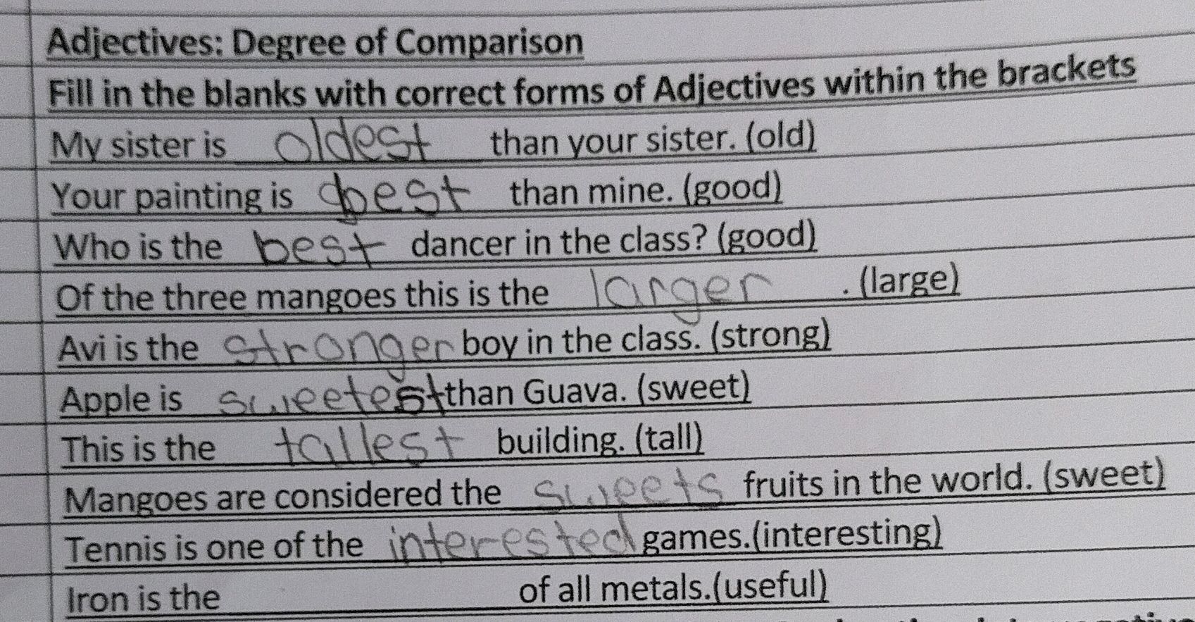 Adjectives: Degree of Comparison Fill in | StudyX