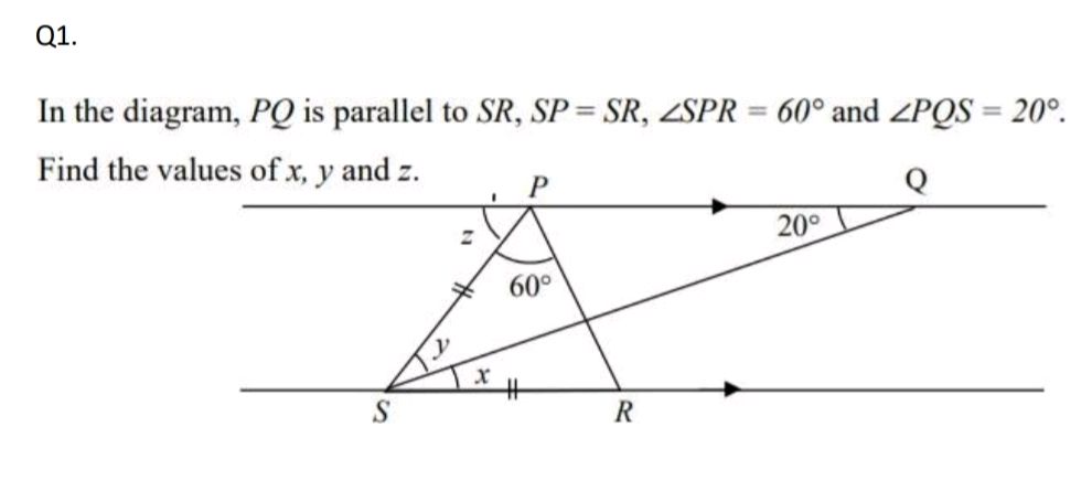 Q1. In the diagram, $PQ$ is parallel to | StudyX