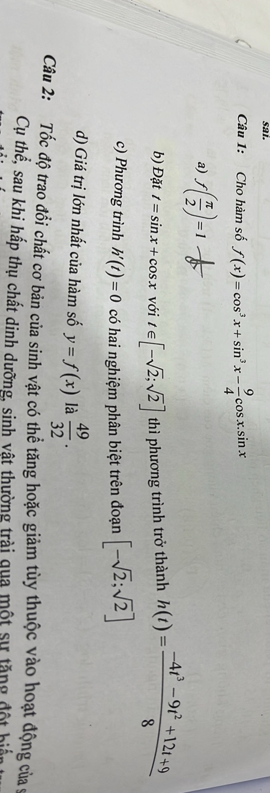 Câu 1: Cho hàm số $f(x) = cos^3x + sin^3x - | StudyX