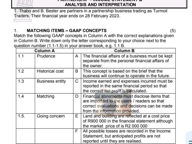 Match the following GAAP concepts in Column | StudyX