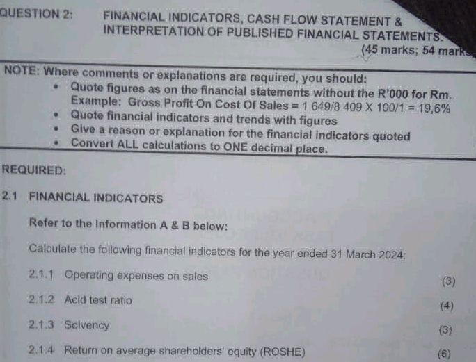 QUESTION 2: FINANCIAL INDICATORS, CASH FLOW | StudyX