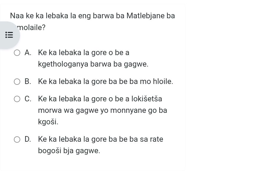 Naa ke ka lebaka la eng barwa ba Matlebjane | StudyX