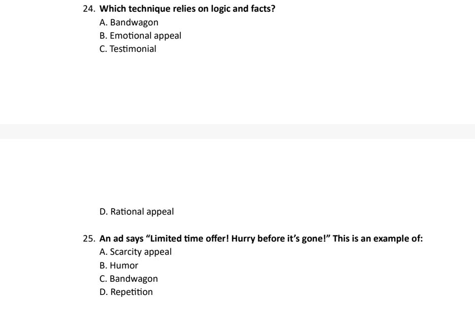 24. Which technique relies on logic and | StudyX