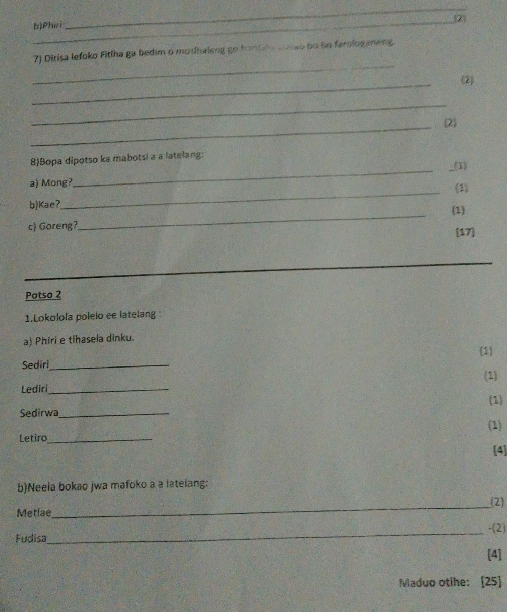 b) Phiri 7) Dirisa lefoko Fitlha ga bedim o | StudyX