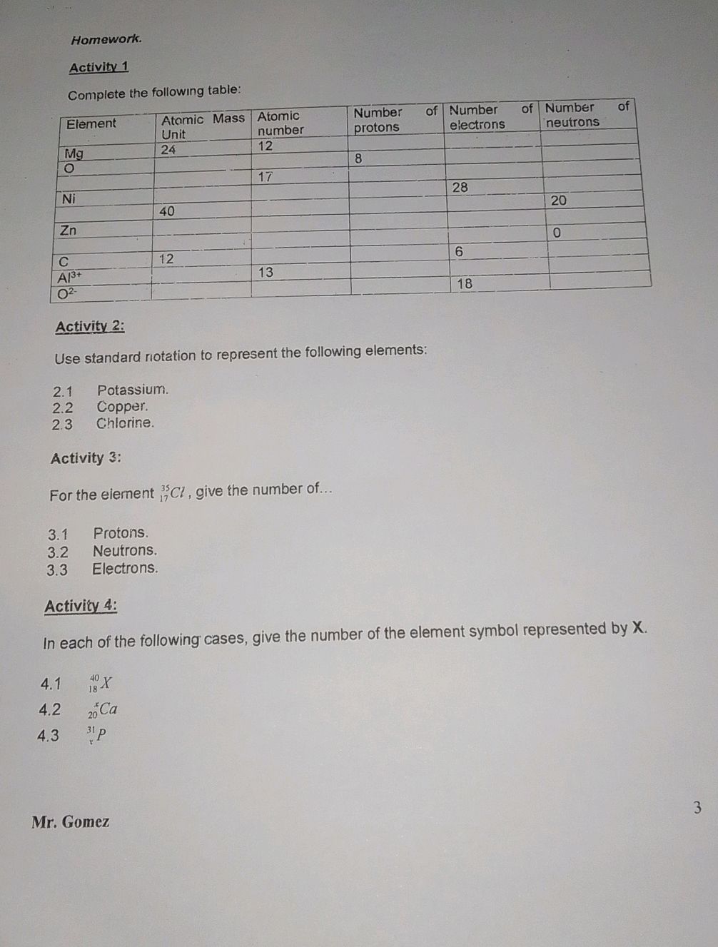 Complete the following table: | Element | | StudyX