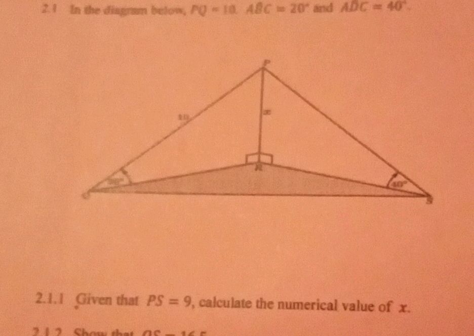 2.1 In the diagram below, PQ = 10. ABC = 20° | StudyX