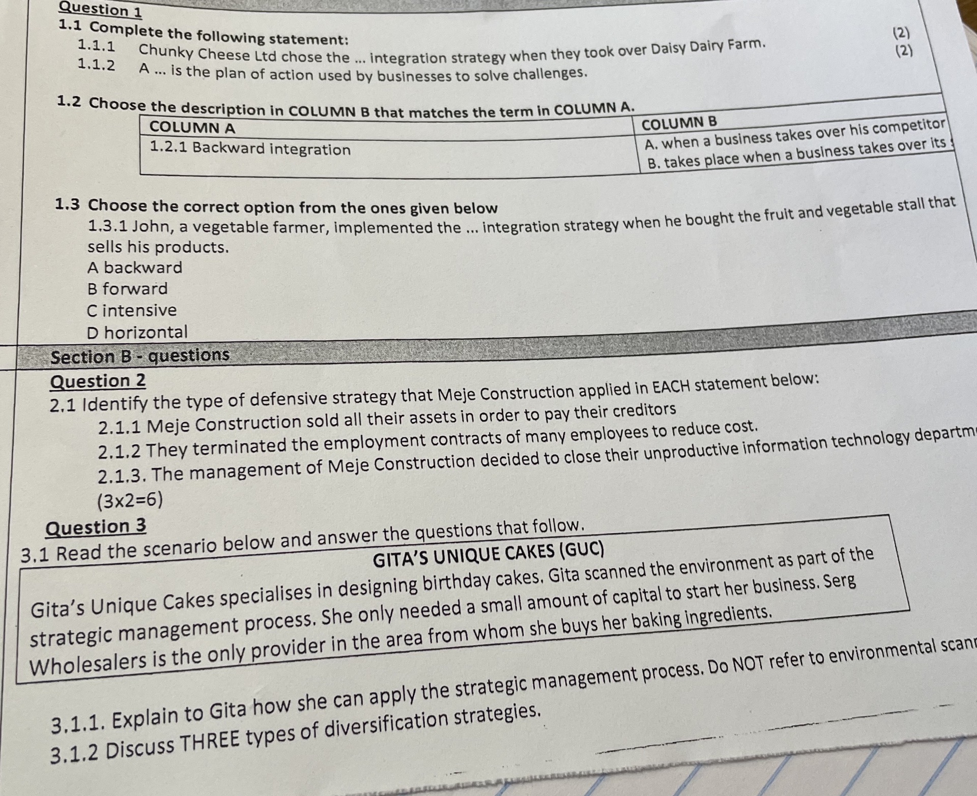 Question 1 1.1 Complete the following | StudyX
