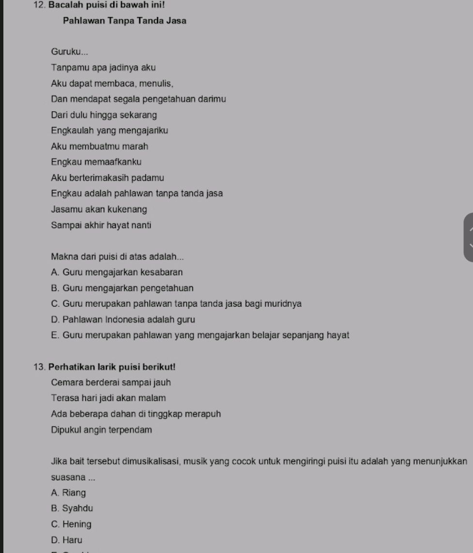 12. Bacalah puisi di bawah ini! Pahlawan | StudyX