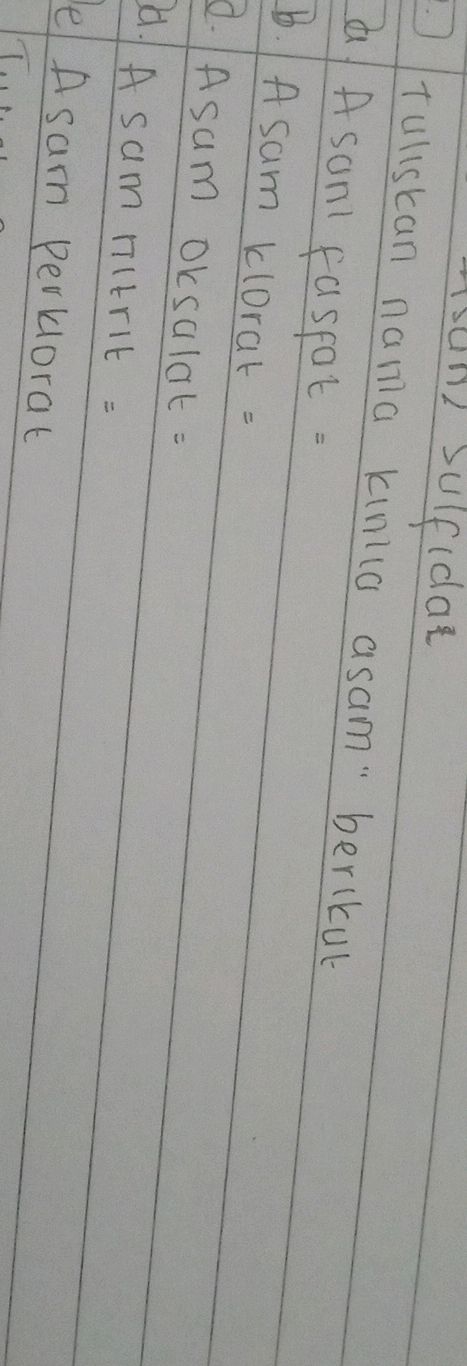 Tuliskan nama kimia asam berikut. a. Asam | StudyX