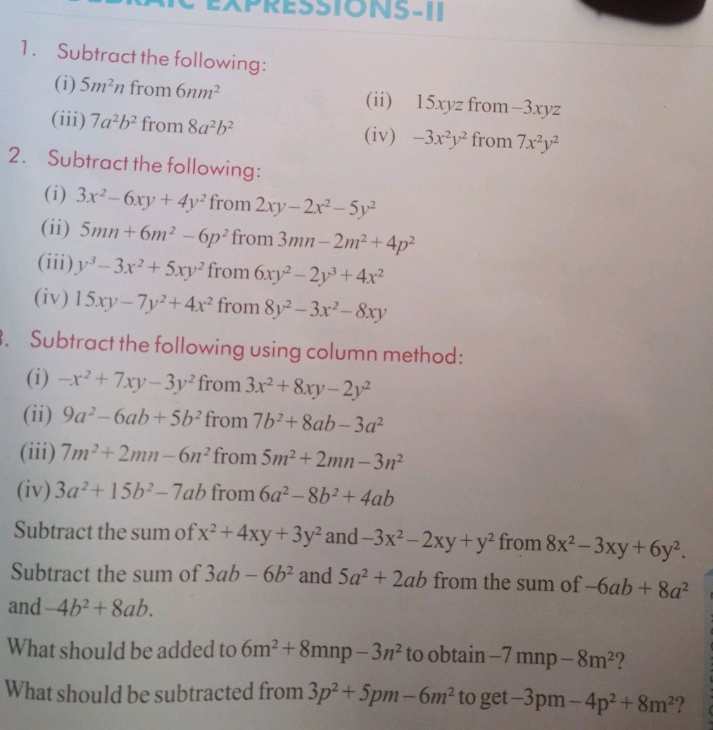 1. Subtract the following: (i) $5m^2n$ from | StudyX