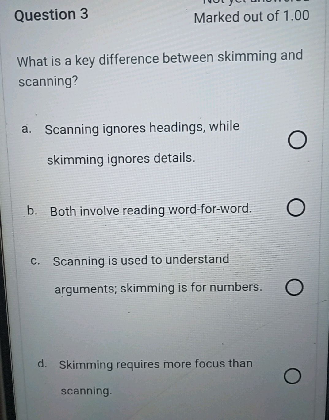 What is a key difference between skimming | StudyX