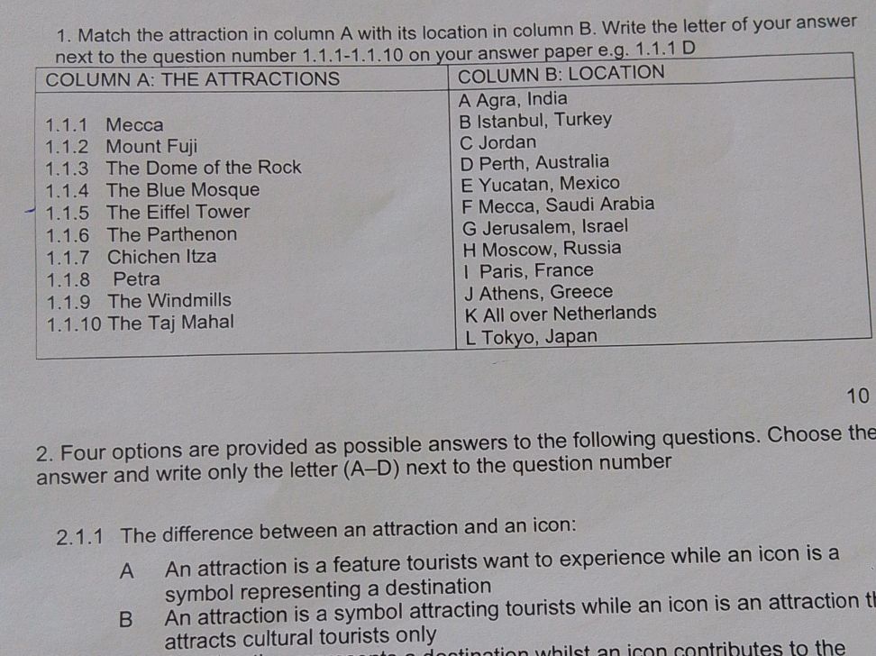 1. Match the attraction in column A with its | StudyX