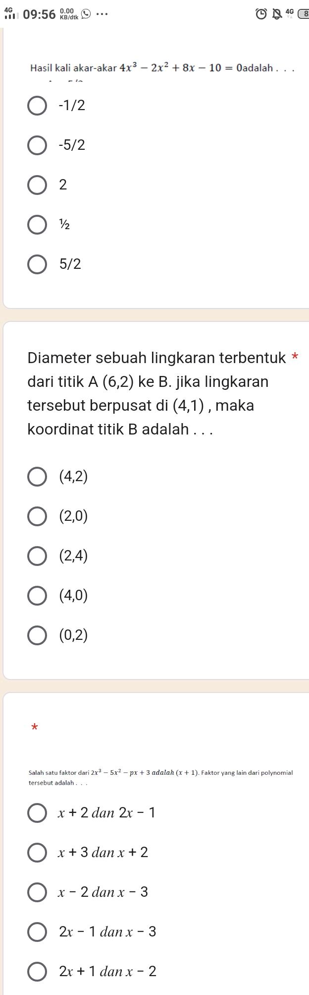 Hasil kali akar-akar $4x^3 - 2x^2 + 8x - 10 | StudyX