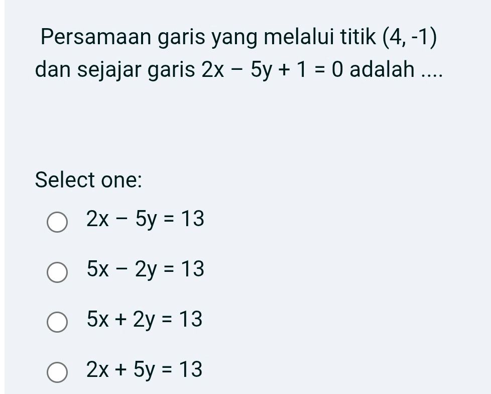 Persamaan garis yang melalui titik (4, -1) | StudyX