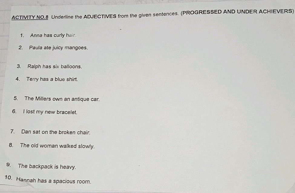 ACTIVITY NO.8 Underline the ADJECTIVES from | StudyX