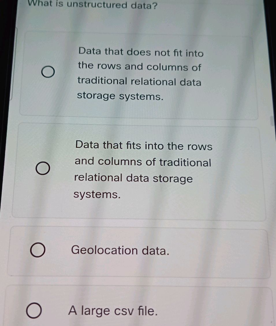 What is unstructured data? Data that does | StudyX