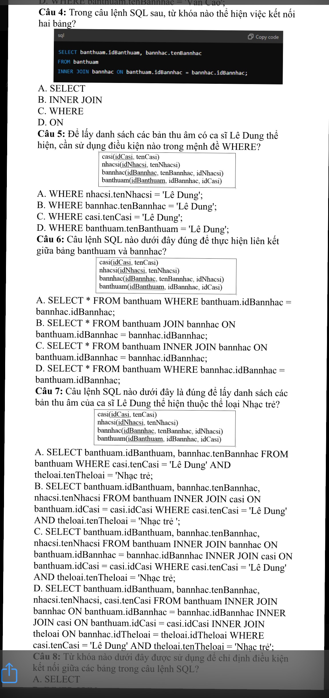 Câu 4: Trong câu lệnh SQL sau, từ khóa nào | StudyX