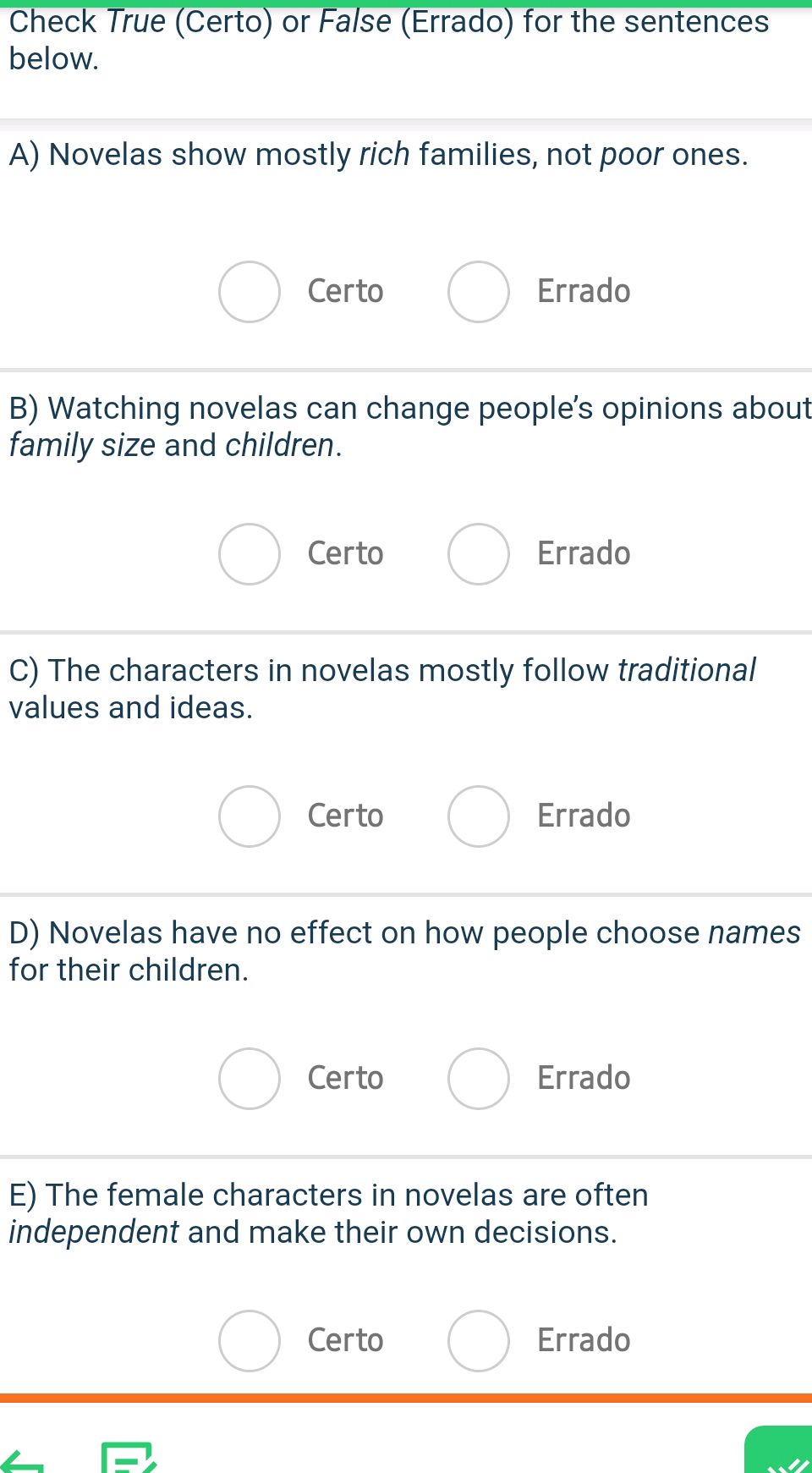Check True (Certo) or False (Errado) for the | StudyX