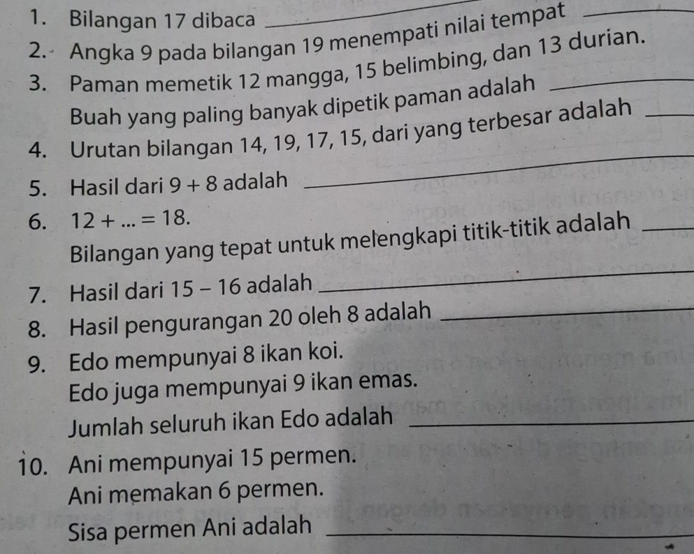 1. Bilangan 17 dibaca _____ 2. Angka 9 pada | StudyX