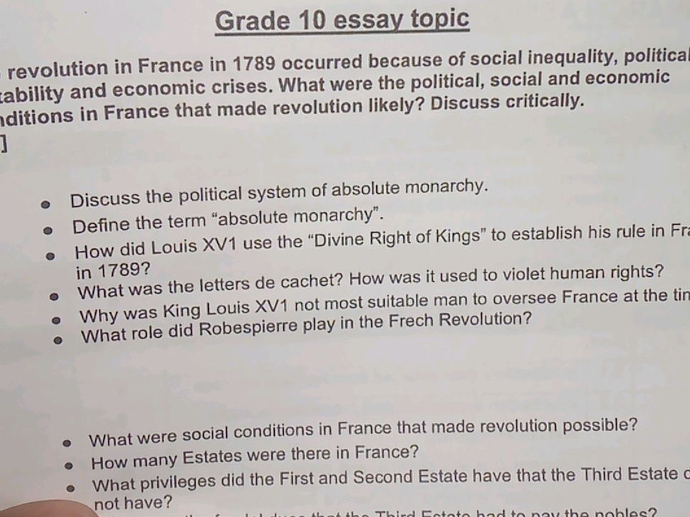 Grade 10 essay topic revolution in France | StudyX