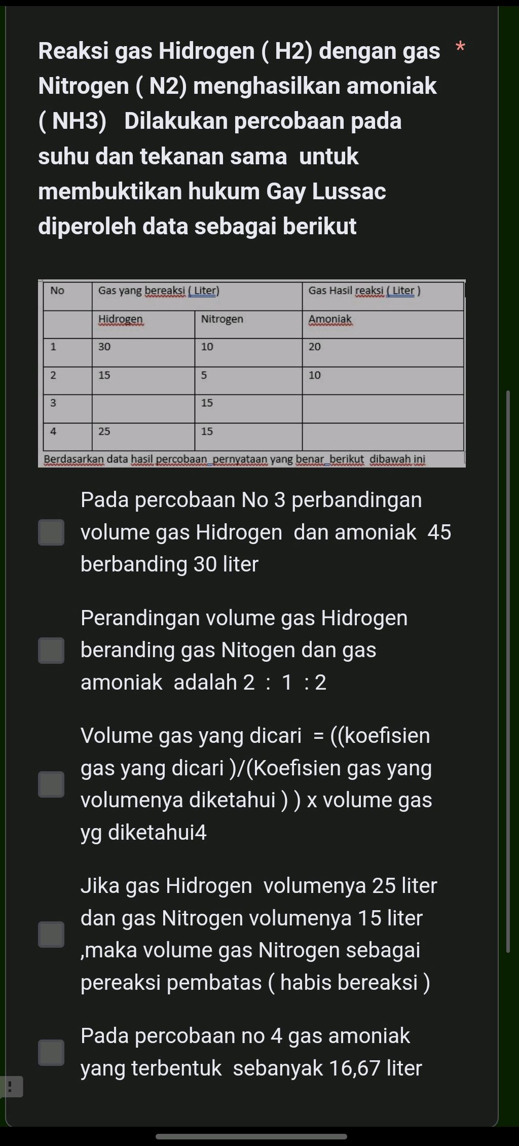 Berikut data percobaan: | No | Gas yang | StudyX