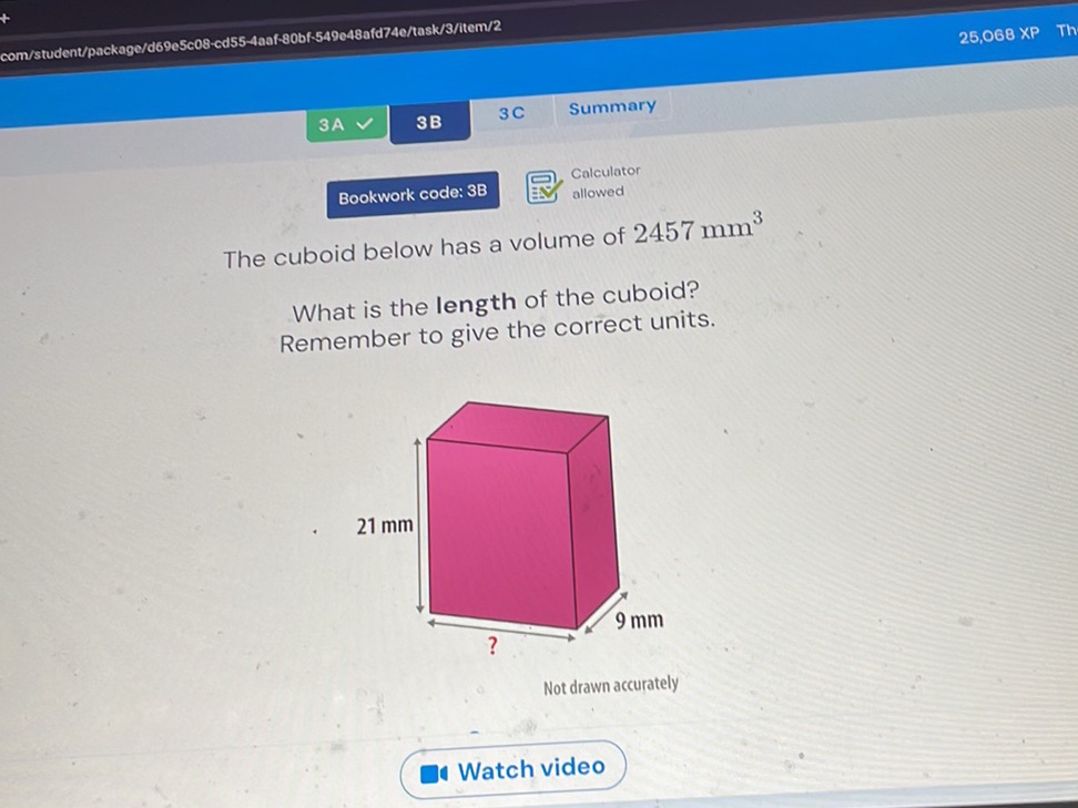 The cuboid below has a volume of 2457 mm³