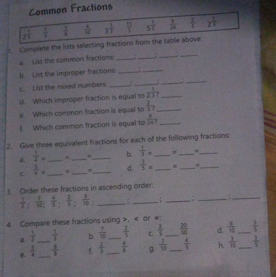 Complete the lists selecting fractions from | StudyX
