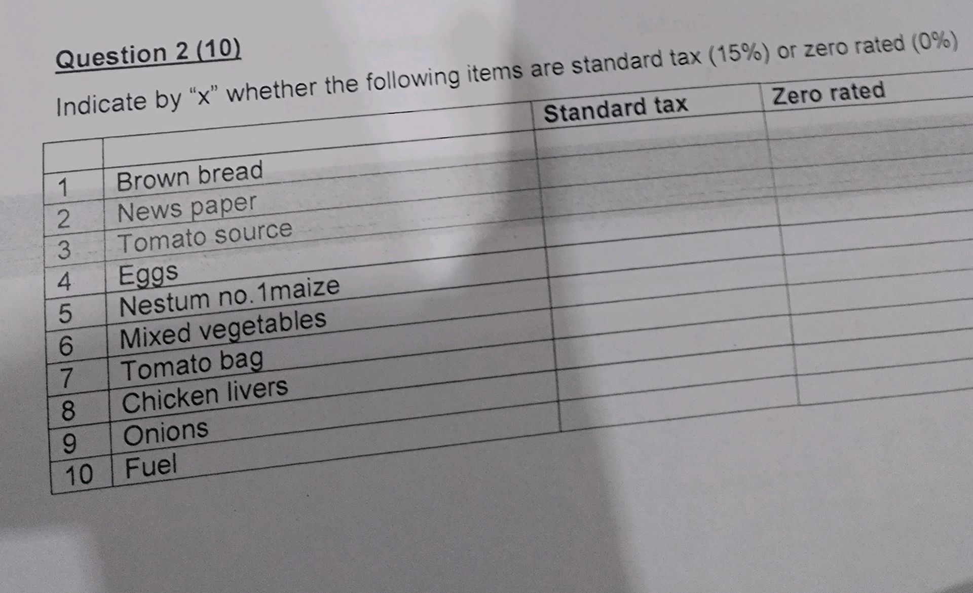 Question 2 (10) Indicate by "x" whether the | StudyX