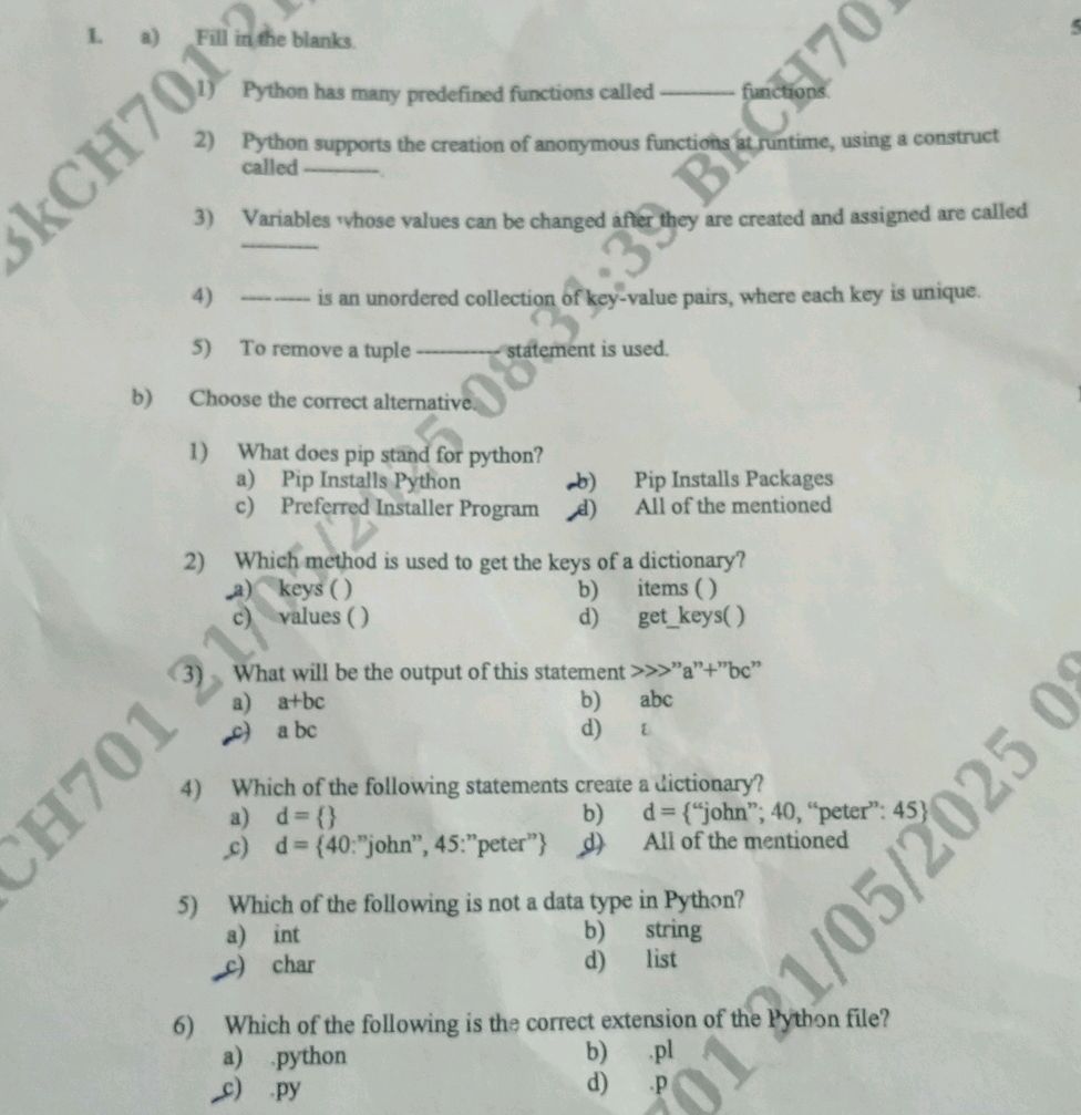 1. a) Fill in the blanks Python has many | StudyX