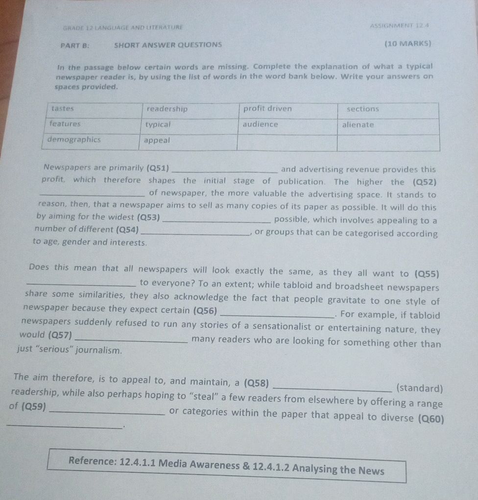 GRADE 12 LANGUAGE AND UTERATURE ASSIGNMENT | StudyX